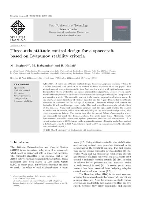Pdf Three Axis Attitude Control Design For A Spacecraft Based On