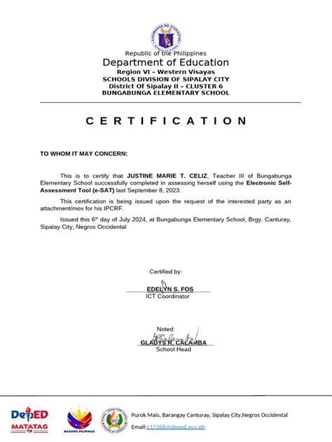 Certification From The Ict Coor Esat Pdf