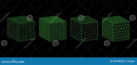 Neon Green Wireframe Cubes Collection 3d Outline Shapes With Different Grid Patterns Stock