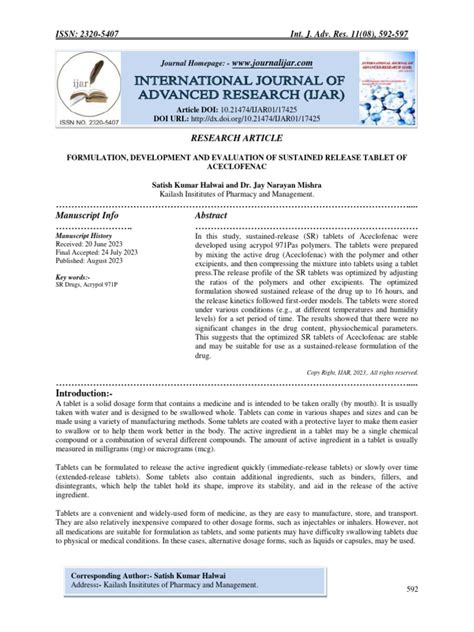 Formulation Development And Evaluation Of Sustained Release Tablet Of Aceclofenac Pdf