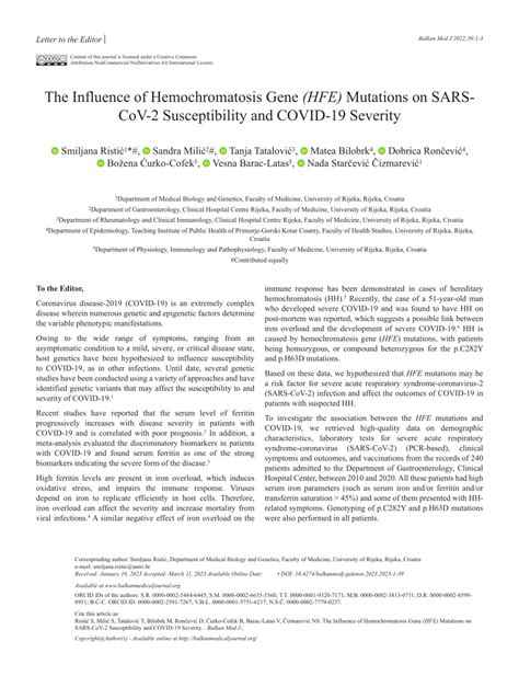 Pdf The Influence Of Hemochromatosis Gene Hfe Mutations On Sars Cov