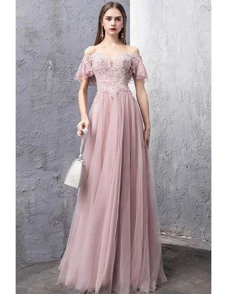 Gorgeous Off Shoulder Long Tulle Pink Prom Dress With Beading Dm69066