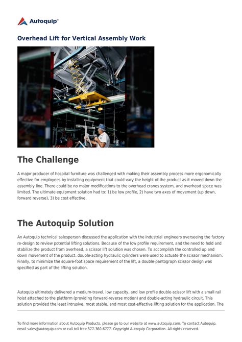 Overhead Lift For Vertical Assembly Work