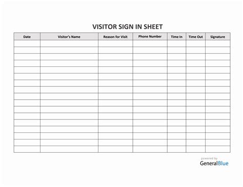 Printable Visitor Sign In Sheet Template Templates Printable