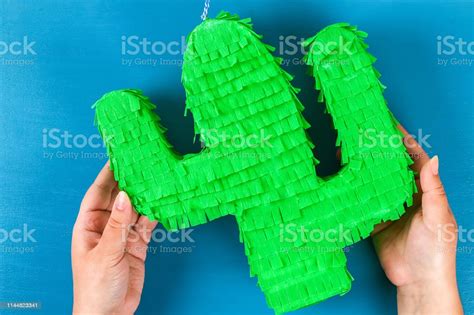 Diy 싱코 De 마요 멕시코 Pinata 선인장 골 판지 크 레이프 종이 자신의 손 파란색 배경 Diy에 대한 스톡 사진 및