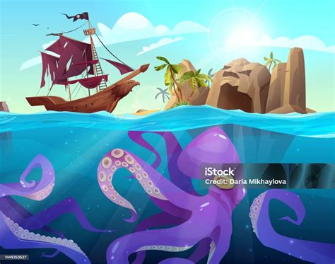 해적선 바다에 야자수가있는 바위가 많은 섬 바다 밑의 보라색 거대한 문어 2d 게임 또는 모험 퀘스트를위한 만화 벡터 일러스트레이션 0명에 대한 스톡 벡터 아트 및 기타