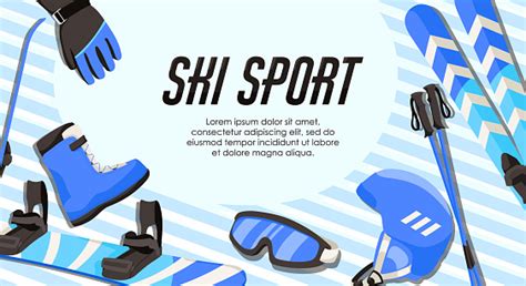 파란색 디자인의 스키 스포츠 배너 포스터 스키 스노보드 헬멧 폴 고글의 스키 장비는 텍스트와 함께 배경에 분리되어 있습니다 겨울 스포츠 학교 템플릿에 대한 프로모션입니다