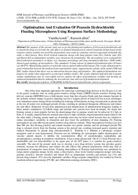 Optimization And Evaluation Of Prazosin Hydrochloride Floating Microspheres Using Response