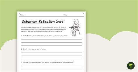 Behaviour Reflection Sheet Upper Primary Teach Starter