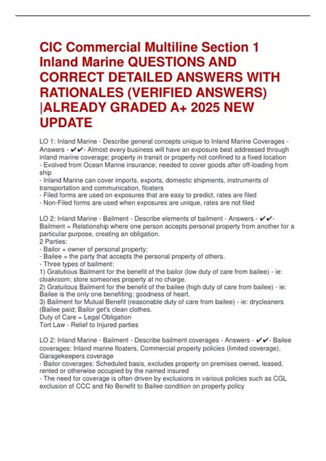 Cic Commercial Multiline Section 1 Inland Marine Questions And Correct Detailed Answers With