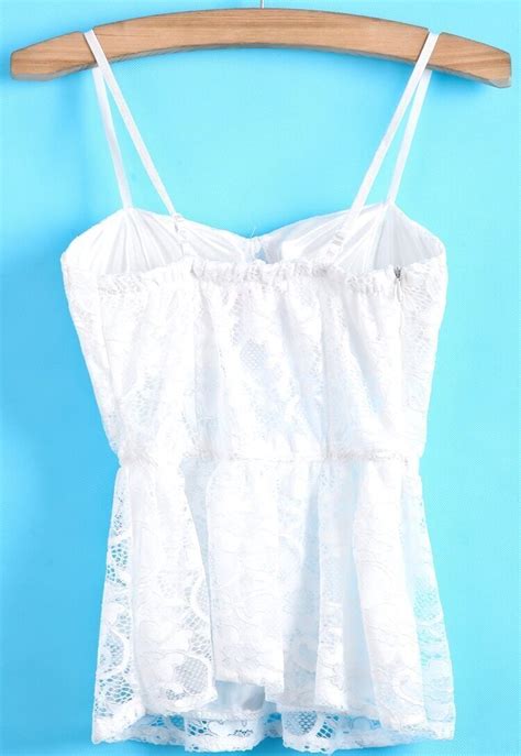 White Spaghetti Strap Lace Pleated Cami Top Sheinsheinside