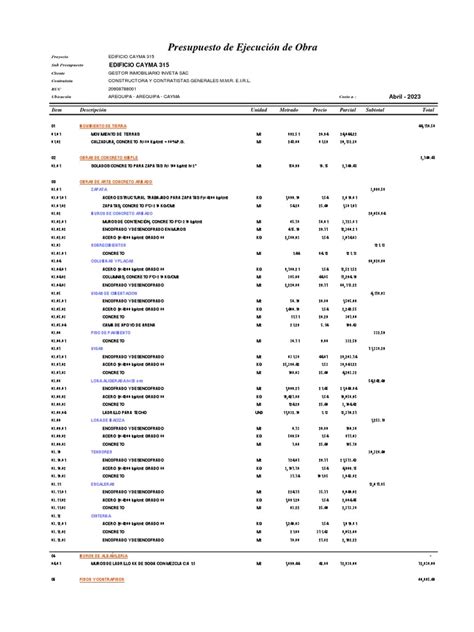 Presupuesto Edificio Cayma 315 Pdf Ingeniero Civil Materiales