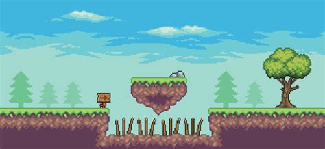 Pixel Art Arcade Game Scene With Tree Floating Island Trap Board And