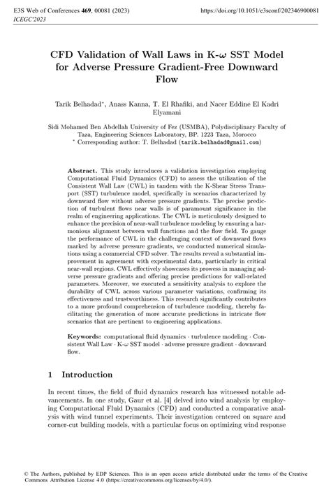 Pdf Cfd Validation Of Wall Laws In K ω Sst Model For Adverse Pressure Gradient Free Downward Flow