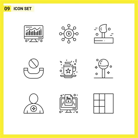 Set Of 9 Vector Outlines On Grid For Coffee Celebration Blowing Handset Call Editable Vector