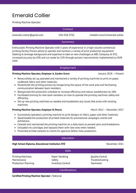 Printing Machine Operator Resume Cv Example And Writing Guide