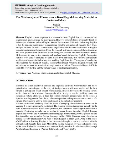 Pdf The Need Analysis Of Ethnoscience Based English Learning Material A Contextual Model