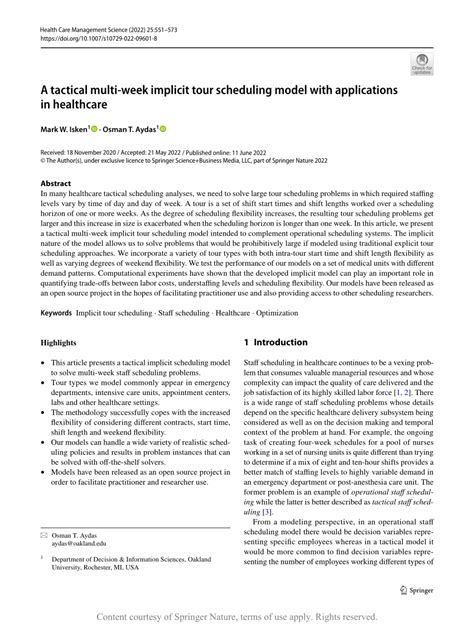 A Tactical Multi Week Implicit Tour Scheduling Model With Applications In Healthcare Request Pdf