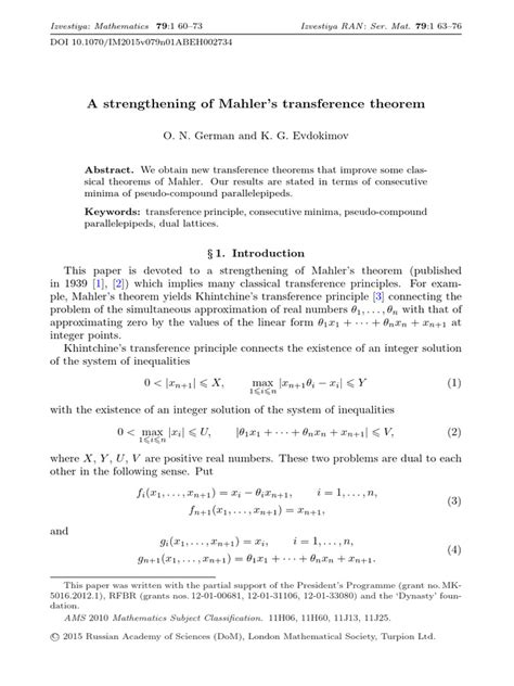 German Evdokimov 2015 Izvestiya A Strengthening Of Mahlers Transference Theorem Pdf