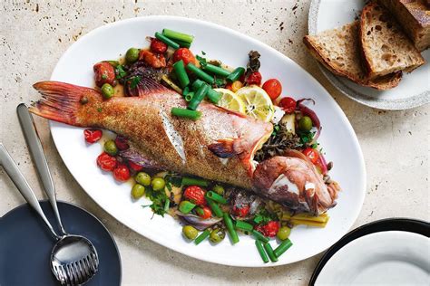 Baked Coral Trout With Lemon Ouzo Capers And Tomatoes Recipe Recipes
