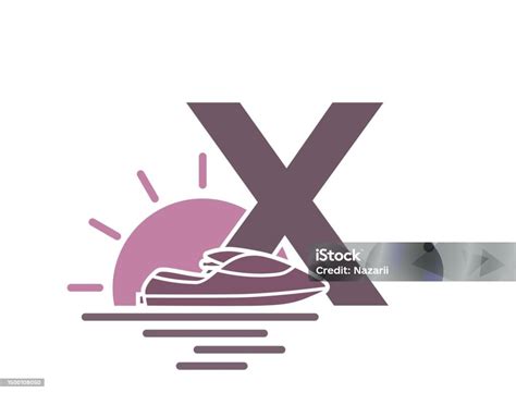 바다 태양 제트 스키가 있는 문자 X 창조적 인 휴가 알파벳 로고입니다 여름과 이국적인 관광 디자인 벡터 이미지 0명에 대한