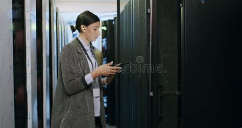 Woman In Data Center With Tablet Network Update And Engineer In Digital Storage For Database