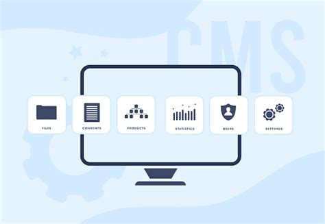 콘텐츠 관리 시스템 Cms 개념입니다 디자인 편집 기사 작성 관리 및 통계를 포함한 웹 사이트 관리 소프트웨어 Cms 및 웹 사이트 관리 관련 기사 개념에 대한 스톡 벡터