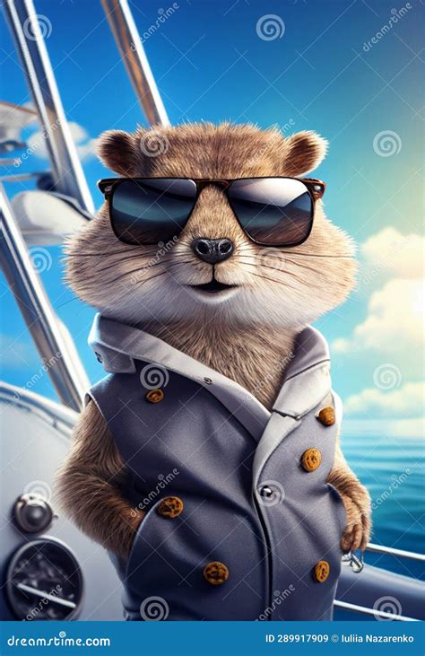 Funny Gopher In A Jacket And Sunglasses Traveling On A Yacht Ai