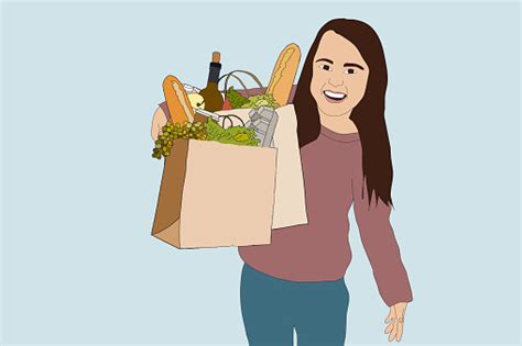 건강한 야채와 식료품의 종이 가방을 들고 만화 소녀의 그림 가공의 인물에 대한 스톡 벡터 아트 및 기타 이미지 가공의 인물