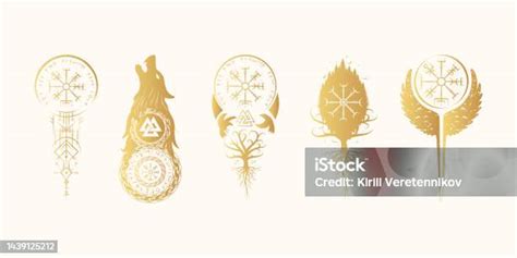 바이킹 기호 격리 세트 켈트 표지판 Vegvisir Fenrir Yggdrasil Valknut Aegishjalmur의 황금