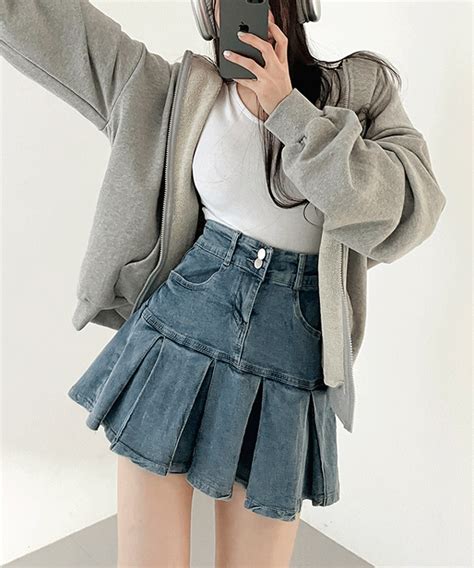 💖속바지내장💖 규링 투버튼 플리츠 쫀쫀 데님 미니 스커트 봄 가을 데일리 꾸안꾸 하이틴 캠퍼스 청 하이웨스트 스판 주름 테니스 치마 에이블리