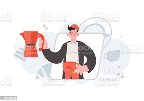 한 남자가 커피에 허리 깊숙이 서 있습니다 커피숍 프리젠 테이션 사이트를위한 요소 개념에 대한 스톡 벡터 아트 및 기타 이미지 개념 남자 뜨거운 음료 Istock