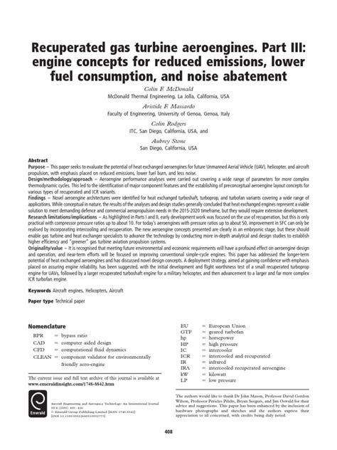 Recuperated Gas Turbine Aeroengines Part Iii Engine Concepts For Reduced Emissions Lower Fuel