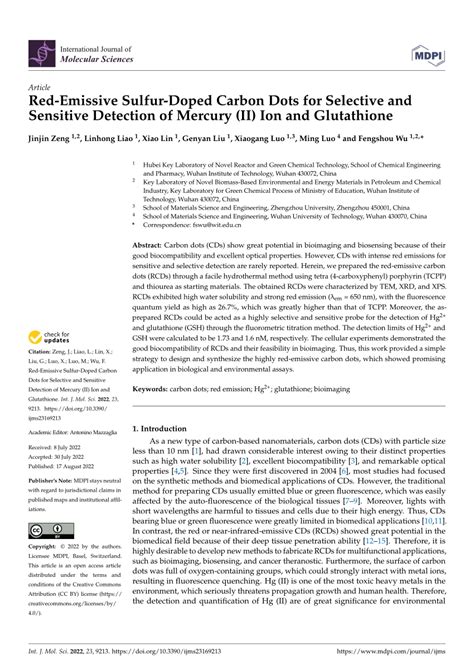 Pdf Red Emissive Sulfur Doped Carbon Dots For Selective And Sensitive Detection Of Mercury Ii