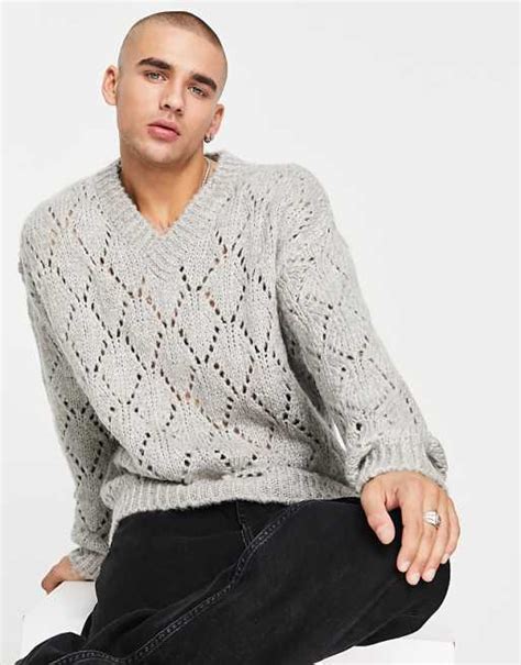 Asos Design Pull En Maille Pointelle à Col V Gris Asos