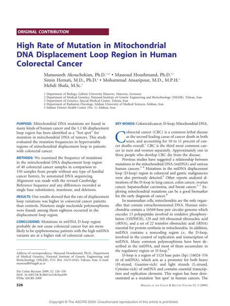 Pdf High Rate Of Mutation In Mitochondrial Dna Displacement Loop