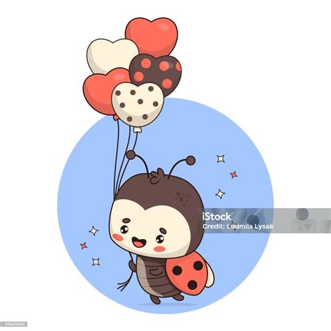 풍선을 가진 재미 있는 무당벌레 귀여운 만화 곤충 카와이 캐릭터 벡터 일러스트 레이 션입니다 키즈 컬렉션 가공의 인물에 대한