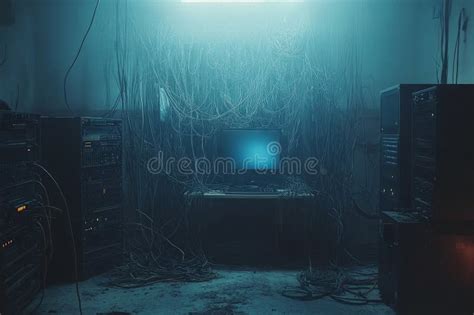 mysterious abandoned server room with tangled cables and wires