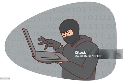 해커 사용자의 개인 데이터를 훔치는 노트북을 가진 사이버 범죄자 가상현실에 대한 스톡 벡터 아트 및 기타 이미지 가상현실