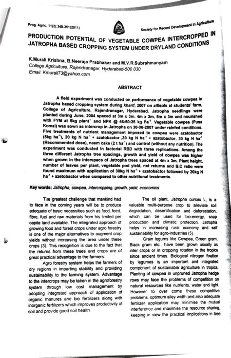 Pdf Production Potential Of Vegetable Cowpea Intercropped In Jatropha Based Cropping System