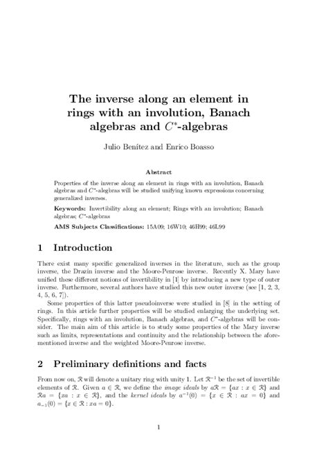 Pdf The Inverse Along An Element In Rings With An Involution Banach