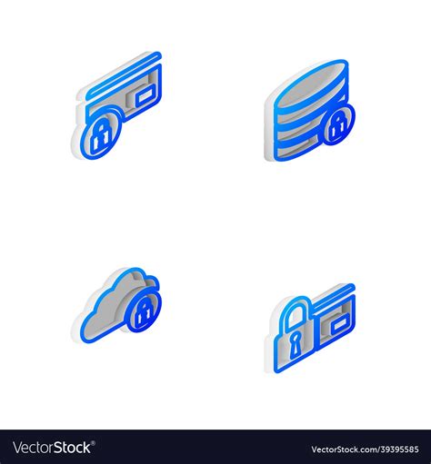 Set Isometric Line Server Security With Lock Vector Image
