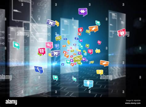 Colourful Computer Applications Against Hologram On Black Background With Hexagon Pattern Stock