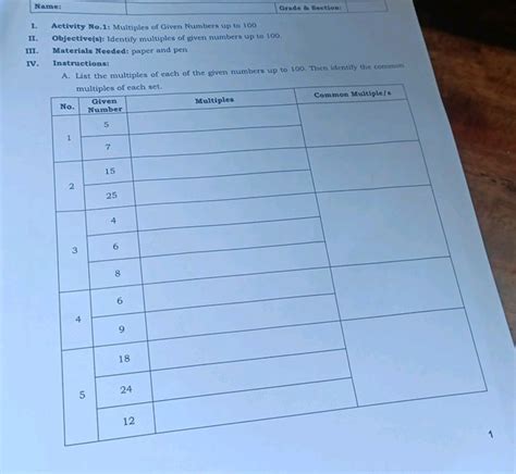 Activity No1 Multiples Of Given Numbers Up To StudyX