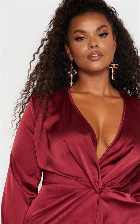 Plus Burgundy Satin Long Sleeve Wrap Dress Prettylittlething