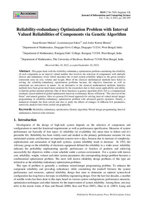 Pdf Reliability Redundancy Optimization Problem With Interval Valued Reliabilities Of