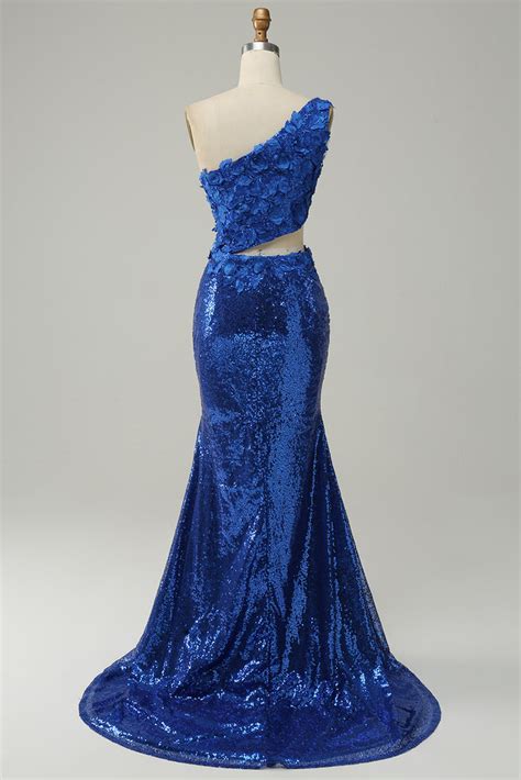 Zapakasa Women Sparkly Royal Blue Prom Dress One Shoulder Sequins
