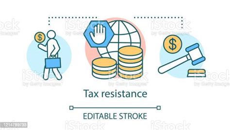 세금 저항 개념 아이콘입니다 시민 불순종 정부 표현 아이디어 얇은 라인 그림 가방 현금 및 판사 망치 벡터 고립 된 개요 도면납세자 편집 가능한 스트로크 개념에 대한 스톡