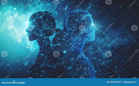 Digital Silhouette Of Human And Ai Head With Blue Neural Networks Stock Image Image Of