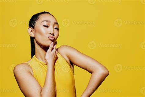 Woman Summer Surprised Swimsuit Attractive Smile Portrait Yellow
